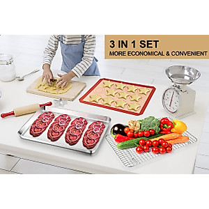 TeamFar Baking Sheet, 16’’ x 12’’ x 1’’ Stainless Steel Baking Cookie Sheet Pan with Cooling Rack & Silicone Mat Set for Oven, Non-toxic & Healthy, Dishwasher Safe & Easy Clean – Set of 3