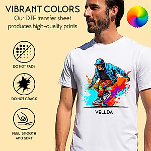 VELLDA DTF Transfer Film for Sublimation Dark Shirts - 30 Sheets of A4 DTF Transfer Paper for Dark Fabric - Printable Heat Transfer Paper for T Shirts - Iron on Transfer Paper for Inkjet Printers