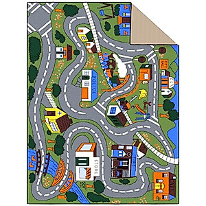 Ottomanson Jenny Collection Non-Slip Rubberback Educational Town Traffic Play Design 3x5 Kid's Area Rug, 3'3" x 5', Green/Multicolor