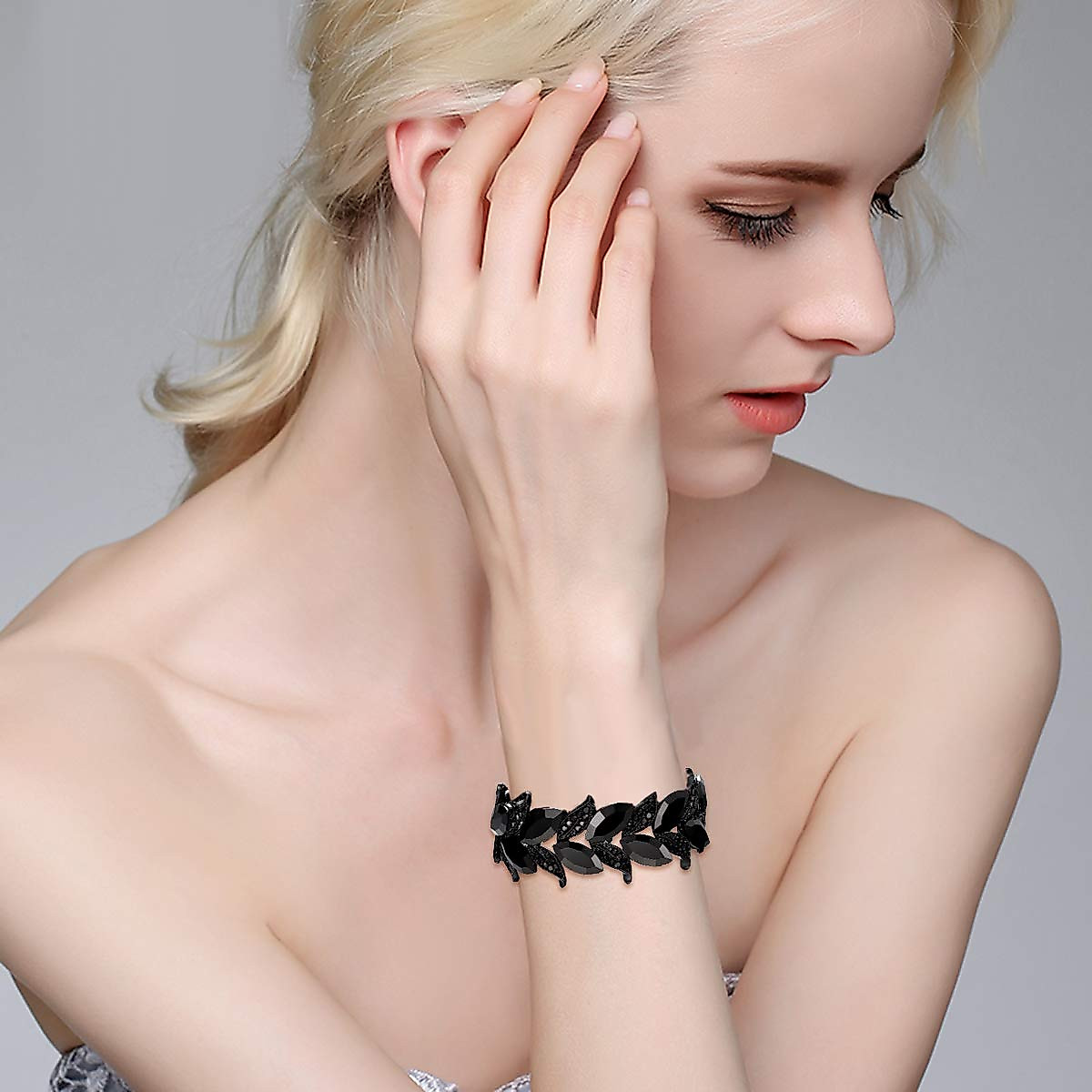 BriLove Wedding Bridal Bracelet for Women Marquise-Shape Leaf Stretch Bangle Bracelet Black Black-Tone