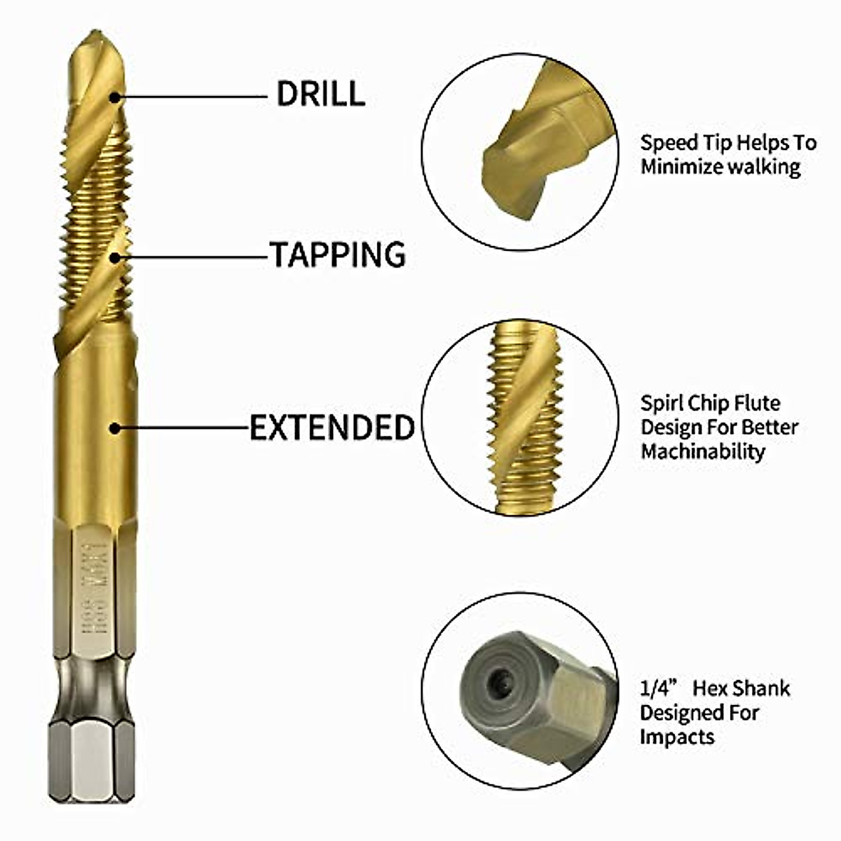 BAYTORY 7Pcs Titanium Combination Thread Drill and Tap Set, Metric HSS M3-M10 Screw Tapping Countersink Bit Tool 1/4" Hex Shank (Titanium Coated)
