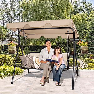 GRAFFY 3-Seat Deluxe Outdoor Swing with Weather Resistant Steel Frame & Polyester Angle Adjustable Tilt Canopy, 3 Person Porch Swing, Suitable for Patio, Garden, Poolside, Balcony, Brown