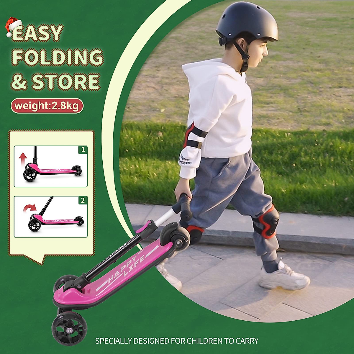 besrey Kick Scooter for Kids Ages 3-10, 3 Wheel Scooter for Kids with Adjustable Height, Folding Kids Scooter with LED Light Wheels Rear Brak Extra Wide Deck Outdoor Activities for Boys/Girls (Pink)