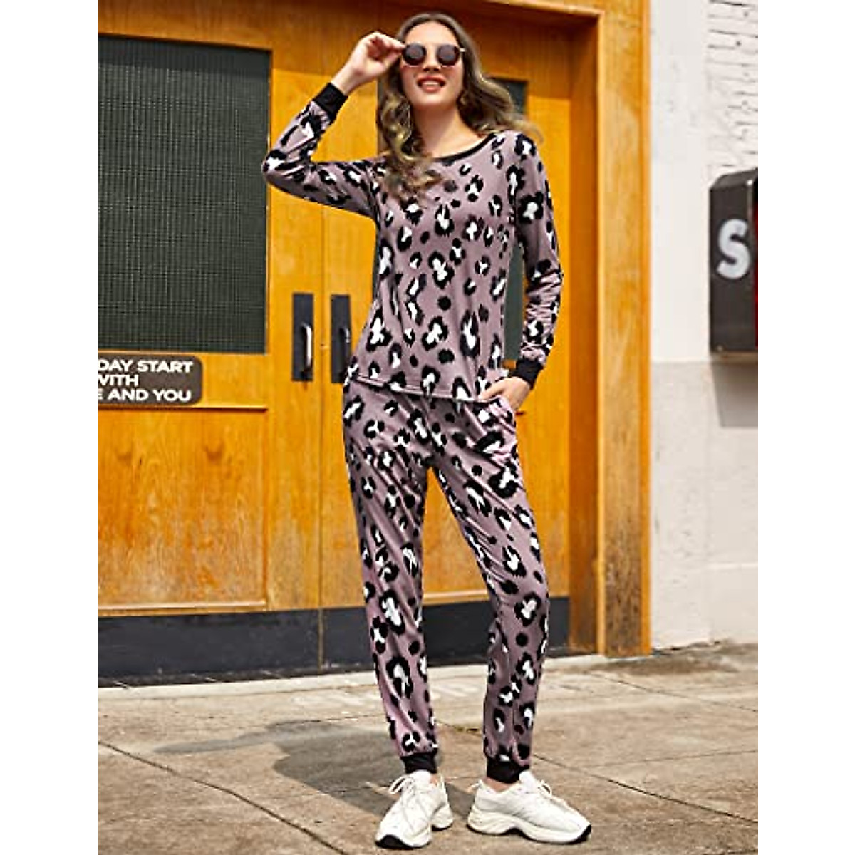 Ekouaer Pajamas Womens Cotton Knit Lounge Set Long Sleeve Top and Pants 2 Piece Loungewear Outfits with Pockets