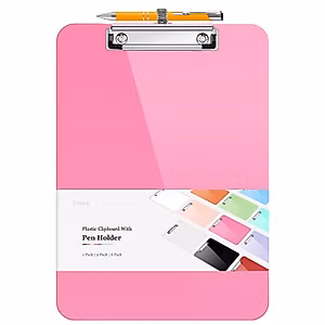 Sooez Plastic Clipboard with Pen Holder, [10% Thicker] Clip Boards 8.5x11 with Low Profile Clip, Cute Hanging Clipboard, Standard Letter A4 Size for Women Teacher, Office & School Supplies, Neno Pink