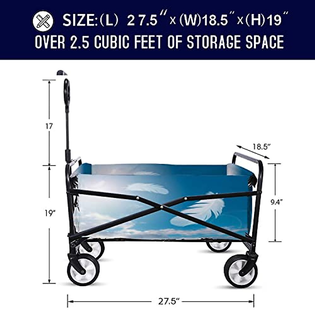Collapsible Wagon Cart A White Feathers Bird Floating in The Sky Feather Abstract in Freedom Foldable Utility Wagon Large Capacity Garden Cart with Push Bar for Beach Camp Outdoor Shopping