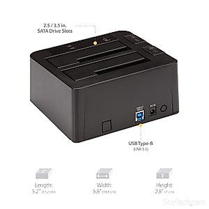 StarTech.com Dual-Bay USB 3.1 to SATA Hard Drive Docking Station, USB 3.1 (10 Gbps), External 2.5/3.5" SATA I/II/III, SSD/HDD Docking Station, Hot-Swap Hard Drive Bay, Top-Loading (SDOCK2U313)