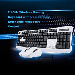 Keyboard Mouse Combos,Soke-Six Waterproof Multimedia 2.4GHz Wireless Gaming Keyboard with USB Cordless Ergonomic Mouse DPI Control for Desktop PC Laptop(White)