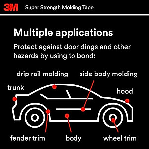 3M Super-Strength Molding Tape, 1/2 in x 15 ft, High Strength Double-Sided Adhesive, Permanently Attaches Side Moldings, Trim and Emblems to Interior and Exterior of Vehicles (03614)