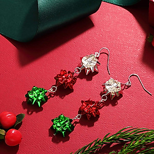 Christmas Bows Flower Piercing Dangle Earrings Red Green White Silver Plated Women Holiday
