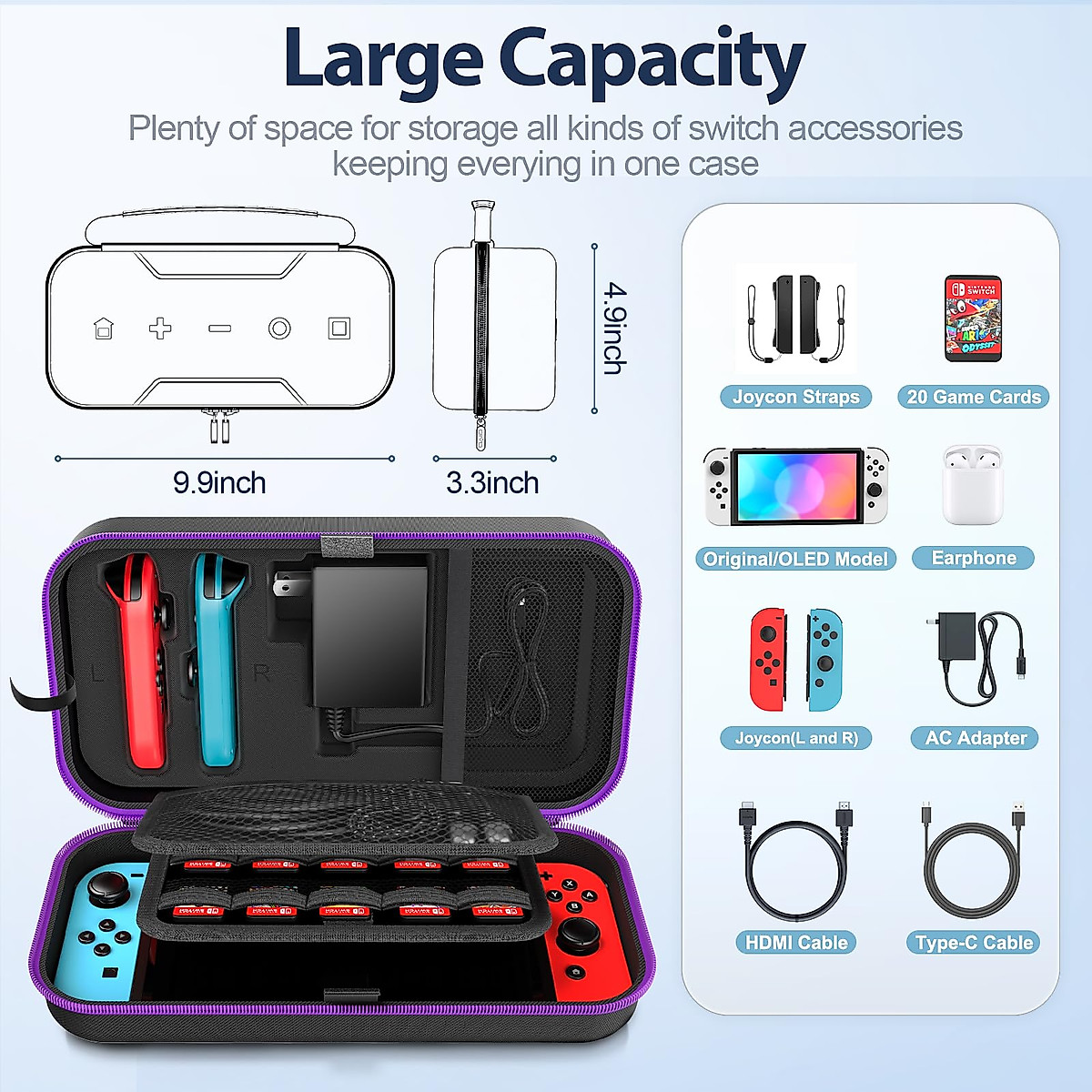 Switch OLED Carrying Case Compatible with Nintendo Switch/OLED Model, Portable Switch Travel Carry Case Fit for Joy-Con and Adapter, Hard Shell Protective Switch Pouch Case with 20 Games, Purple