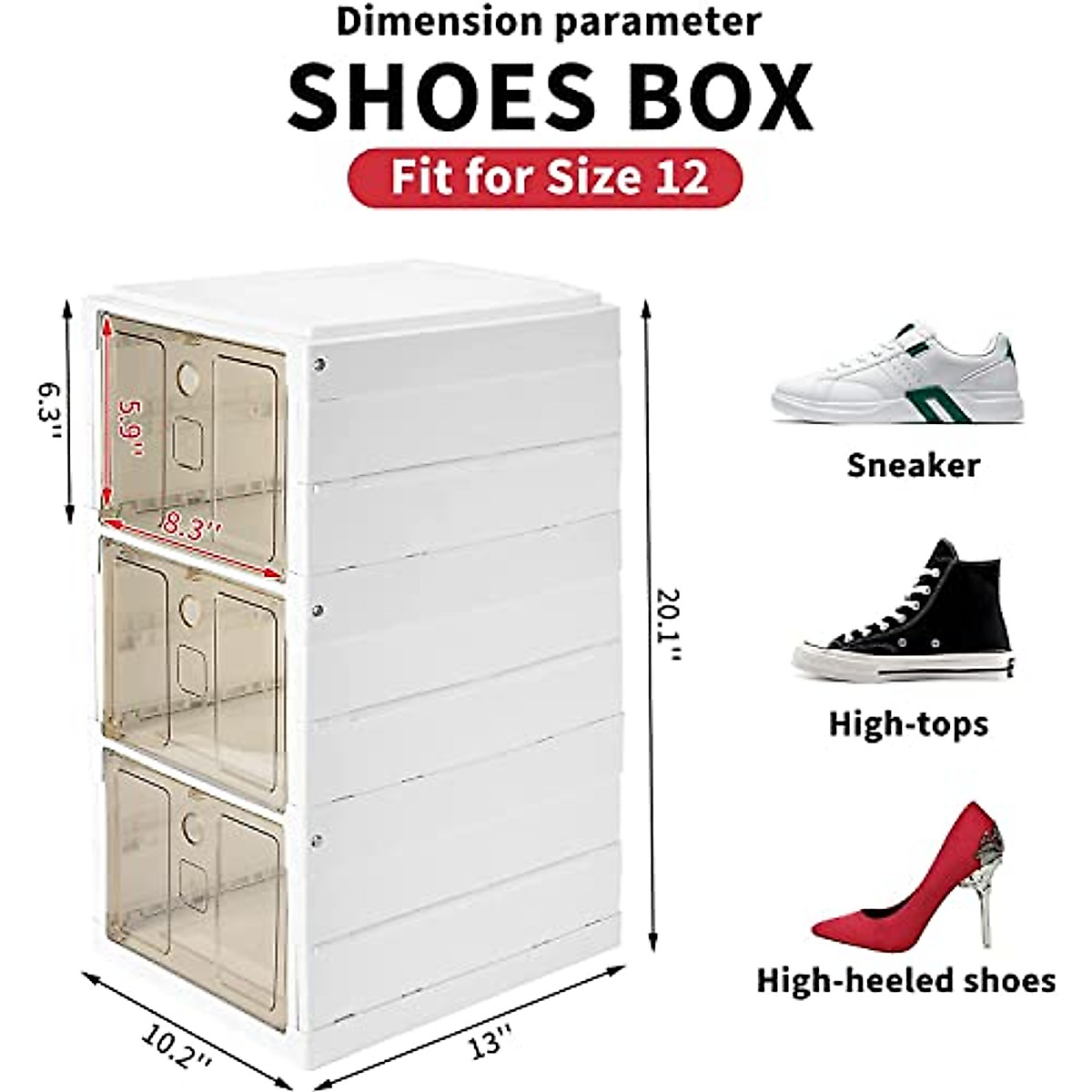Shoe Storage Boxes Clear Plastic Folding Shoe Box Storage Containers, 3 Layers Shoe Box Organizer for Women Men Plastic Dustproof for Sneaker, Heel, Sandal, White