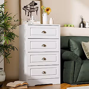 SUNLEI 4 Drawer Vertical Dresser, Tall White Dresser, Trapezoidal Design with Handle-Drawer Chest for Ample Storage, Chest of Drawers for Bedroom, Entryway, Living Room, Hallway (White, 4 Drawer)