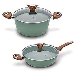Phantom Chef Bundle: 11" Deep Frypan & 4.4 QT Casserole Stockpot | Aluminum Body Non-Stick Ceramic Coating | With Soft Touch Stay Cool Handle | Dishwasher Safe | Non-Toxic PFOA & PTFE Free Pan | Green