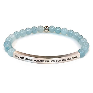 Aquamarine Beads-YOU ARE LOVED YOU ARE VALUED YOU ARE BEAUTIFUL- Faith Motivated Messages Engraved Stainless Steel Bar Beaded Inspirational Bracelets,Gifts for Women Men Girls Boys Mother Daughter Friends,Birthday Present. (silver-Aquamarine-YOU ARE LOVED