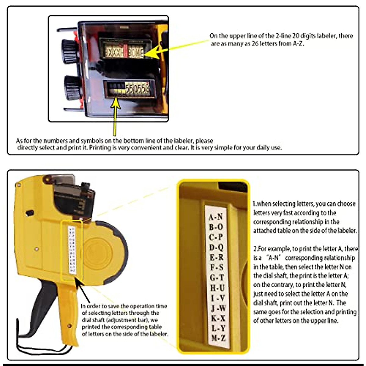 HM-689 2-Line 20 Digits Price Labeling Gun with Letters A-Z,Pricing Labeler with 3 Inkers 5 Rolls/2800 White Labels,HopingMore Tag Maker Machine with Label Cover for Office Retail Shop(YELLOW 2-LINE)