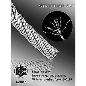 TooTaci T316 Stainless Steel 1/8" Cable Wire Rope,50ft Sun Shade Sail Cable Wire Hardware Kits with Cable Clamp,Sun Shade Cable Wire for Patio Shade Sail,Triangle/Rectangle Sun Shade Sail Fixing