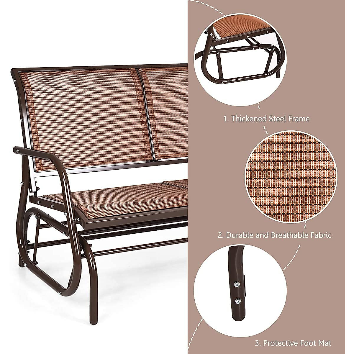Generic BANGTANE Swing Glider for 2 People, Rocking Lounge Chair wMesh Fabric and Steel Frame, Patio Bench for Backyard, Garden, Poolside, Lawn, Indoor and Outdoor Use Brown