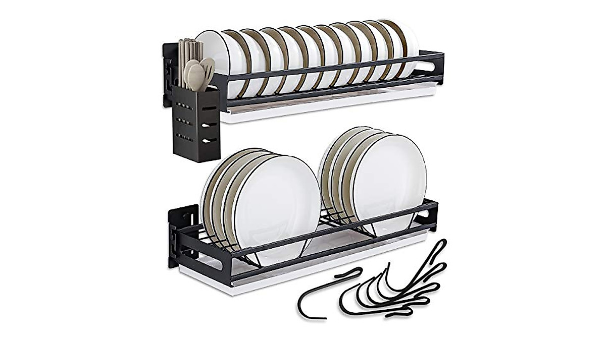 304 SS Wall Mount Dish Drying Rack Set - 2 Tier Design