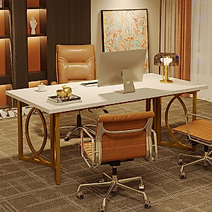 Tribesigns 70.9 inch Modern Simple Home Office Desk for Study, Large Computer Desk Office Desks Wood Study Writing Table Business Workstation with Golden Sturdy Metal Frame for Bedroom, White Gold