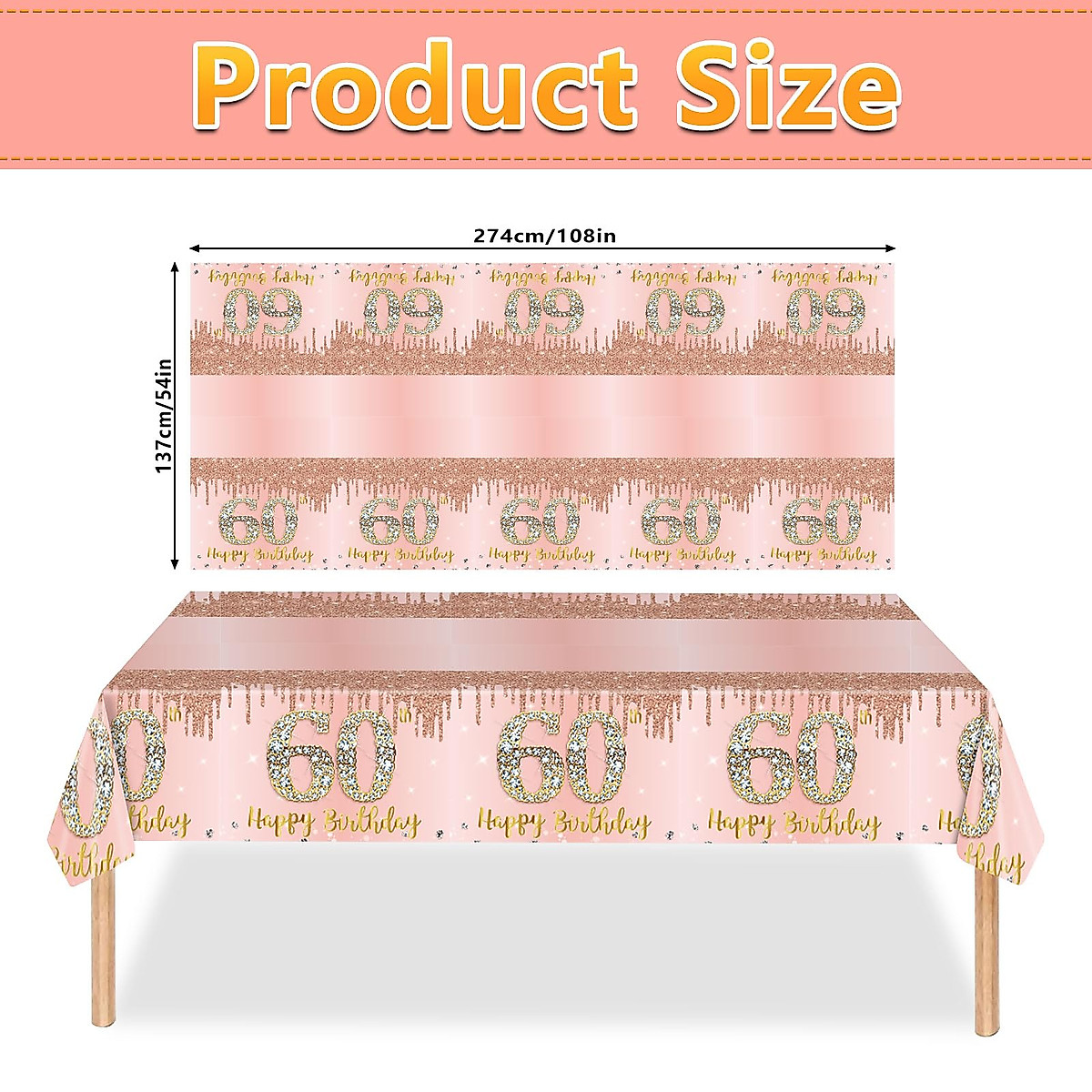 2PCS 60th Birthday Tablecloth Pink Rose Gold 60th Birthday Table Cover Happy 60th Birthday Decorations for Women Plastic Disposable 60th Birthday Table Cloth 60th Birthday Party Supplies (54"x108")