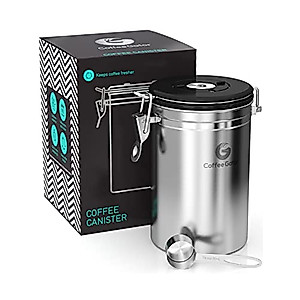 Coffee Gator Stainless Steel Coffee Grounds and Beans Container Canister with Date-Tracker, CO2-Release Valve and Measuring Scoop - Large, 22oz, Silver