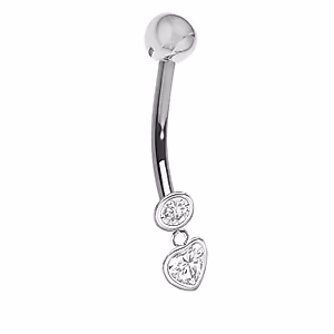 Ritastephens 14k Solid White Gold Cubic Zirconia Dangle Heart Belly Button Navel Ring Body Art 14 Gauge