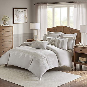 Madison Park Signature Cozy Comforter Set - All Season Bedding Combo Filled Insert and Removable Duvet Cover, Shams, Decorative Pillows, Damask Natural King(110"x96") 10 Piece