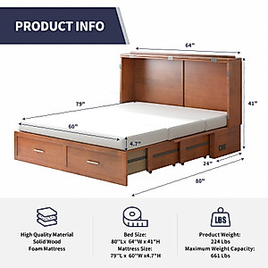 ijuicy Murphy Bed, Queen Size Cabinet Bed with Foldable Memory Foam Mattress & USB Charging Station & 2 Large Drawers for Guests Room/Bedroom-Reddish Brown