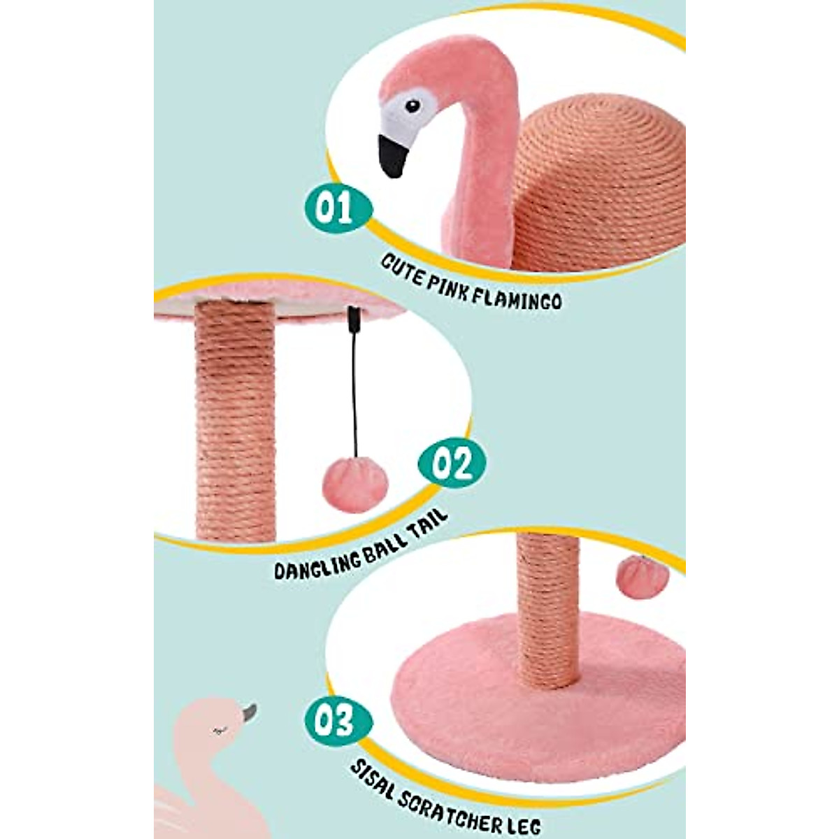 PETEPELA Cat Scratching Post, Flamingos Natural Sisal Cat Scratcher with Interactive Toy Ball and Extra Replacement Sisal Scrathing Pole for Kittens and Small Cats Pink