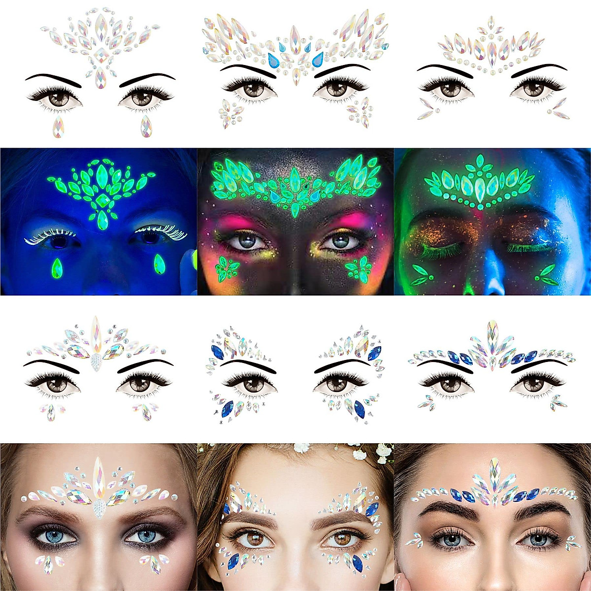 6 Sheets Face Jewels Gems Self-adhesive Rhinestone, 30g Chunky Body Eye Hair Glitter, Rave Festival Outfits Clothes Iridescent Crystals Stickers Rainbow Body Makeup Tattoo Kit(3 luminous)