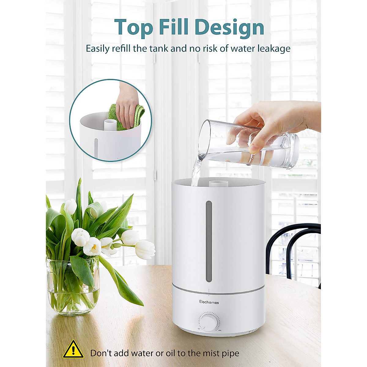 Elechomes 5L(1.32Gal) Cool Mist Humidifier & Essential Oil Diffuser Combo, Top Fill Ultrasonic Humidifiers for Bedroom, Baby Nursery Room and Office, Whisper-Quiet, 360° Nozzle, Auto Shut-Off Timer