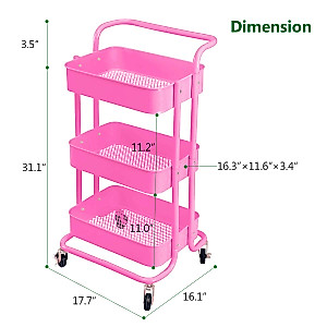 3-Tier Metal Mesh Rolling Cart Storage Organizer with Utility Handle and Wheels, Pink