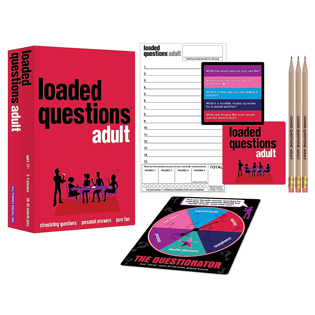All Things Equal, Inc. ADULT LOADED QUESTIONS, a Rousing Adult Party Game, Over 300 Suggestive, Silly, Stimulating Questions, 4 to 6 Players, for Ages 17 and up