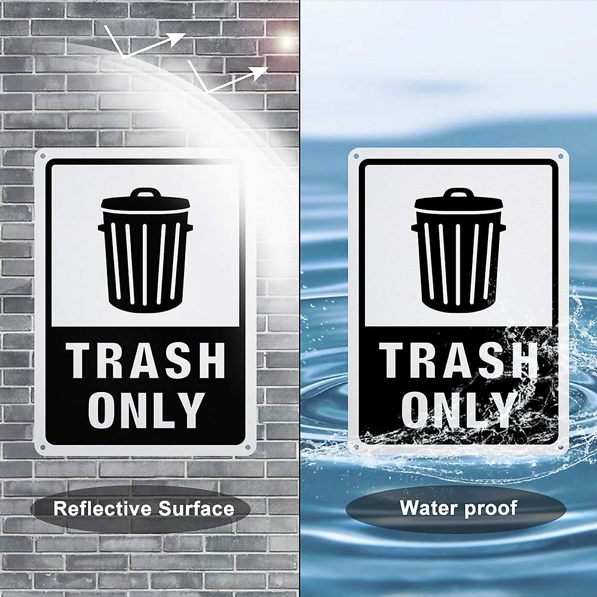 GLOBLELAND 2 Pack Trash Only Sign, 10x7 inches 40 Mil Aluminum Trash Signs Decorative for Indoor or Outdoor, UV Protected Reflective and Waterproof, Black