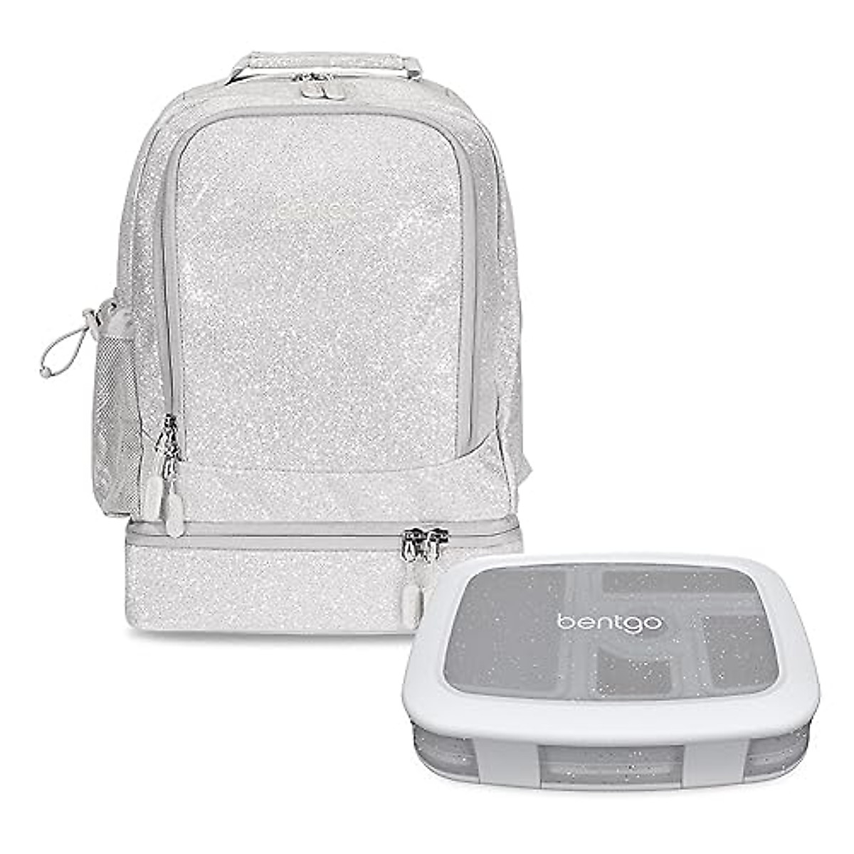 Bentgo® Kids 5-Compartment Lunch Box With Kids 2-in-1 Backpack & Insulated Lunch Bag (Glitter Edition - Silver)