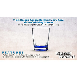 DISCOUNT PROMOS 10 Verona Whiskey Glasses Set, 11 oz. - Durable, Thick Base, Color Bottom, Barware - Blue