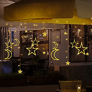 XINXIANLIAN 138 LED Ramadan Decorations Light Solar Moon Star Lights String Light Outdoor Waterproof Solar Powered Curtain Lights with 8 Modes Ramadan Hanging Decor for Patio (Warm White)