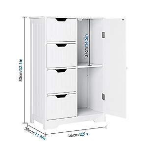 FOTOSOK Bathroom Floor Cabinet, Freestanding Storage Cabinet with 4 Drawers & 1 Cupboard, Adjustable Shelf for Bathroom Entryway Living Room, White