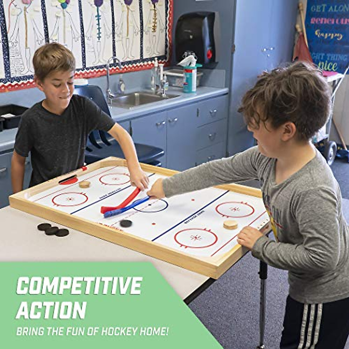 GoSports Ice Pucky Wooden Tabletop Hockey Game for Kids & Adults - Includes 1 game board, 2 Hockey Sticks & 3 Pucks
