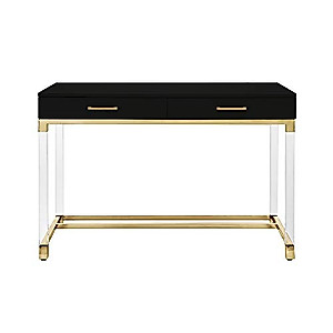 Casandra High Gloss 2 Drawers Writing Desk with Acrylic Legs and Gold Stainless Steel Base, Black/Gold