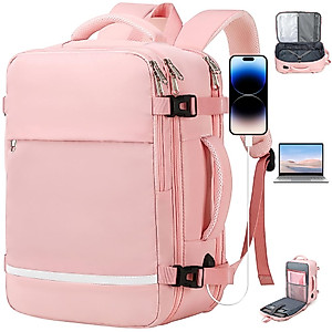 XJ-HOME Women Travel Laptop Backpack with USB Charging Port, Backpack for Traveling on Airplane with Laptop Compartment, Carry on Backpack Flight Approved with Luggage Strap, Fit for 15.6" Laptop,Pink