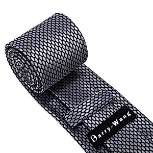 Barry.Wang Men Tie Set Plaid Silver Grey Black Silk Necktie Handkerchief Cufflinks Formal Business Wedding Party