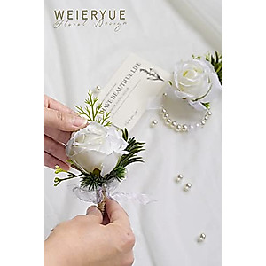 WEIERYUE White Rose Wrist Flowers and Men's Corsage Wedding Flowers Ceremony,2Pcs Boutonniere Buttonholes and Wrist Corsage Wristband Roses Wrist Corsage(White Rose Set)