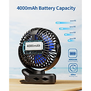 SWEETFULL Portable Clip on Fan - Battery Operated Stroller Fan, 4000mAh Small Rechargeable Fan with LED Display, 4 Speeds, Mini Personal Cooling Desk Fan for Golf Cart Travel Camping Gym (Black)