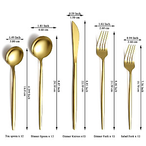 Evanda Gold Silverware Set 60 Piece Service for 12, Titanium Gold Plated Stainless Steel Flatware Set, Knives Forks Spoons Cutlery Set for Wedding, Parties, Birthday, Restauroom, Dishwasher Safe