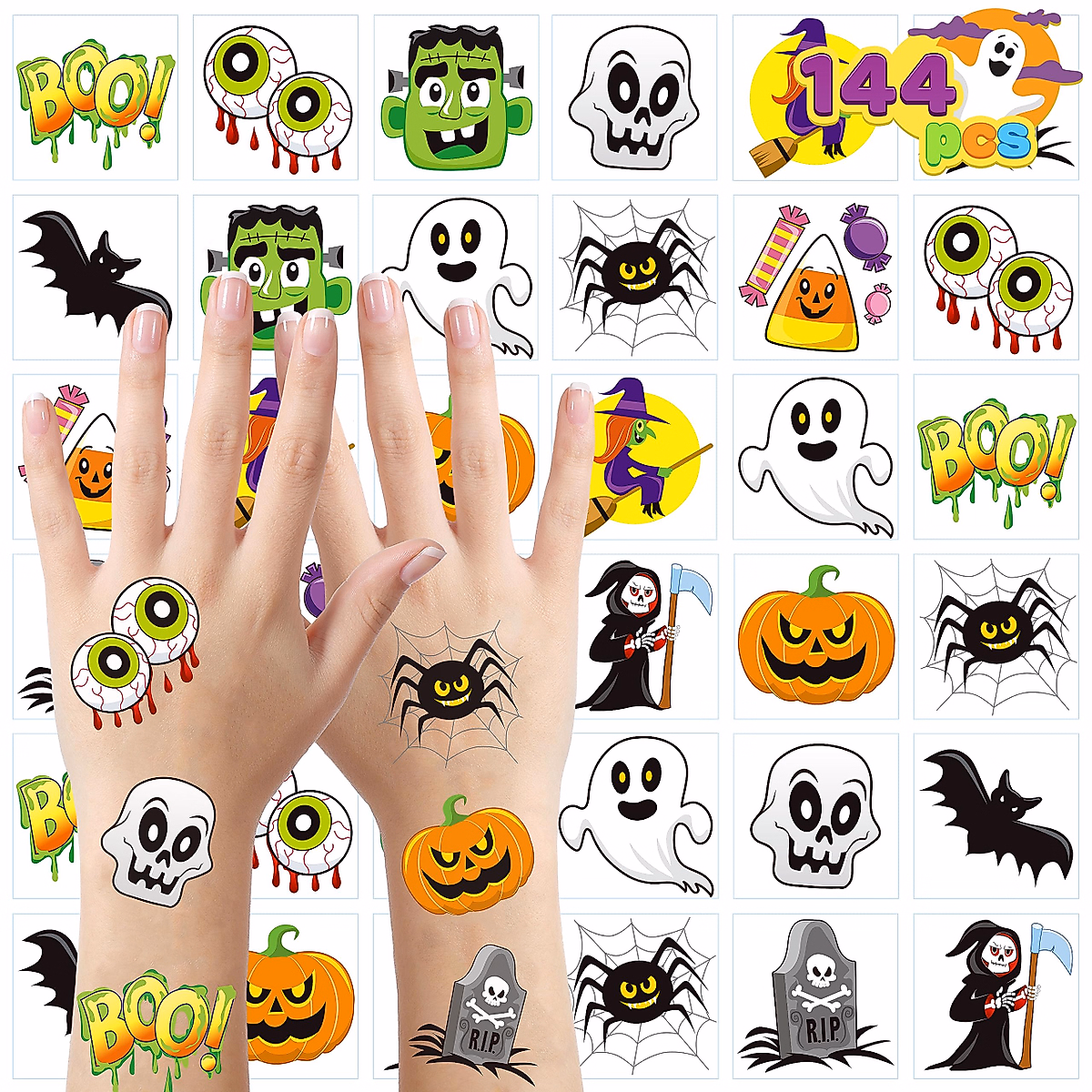 JOYIN 144 PCS Halloween Temporary Tattoos for Kids, 12 Designs Bulk Fake Tattoos Stickers for Halloween Party Favors Decorations, Supplies Trick or Treat Game Gifts Goodie Bags, Class Game Prizes