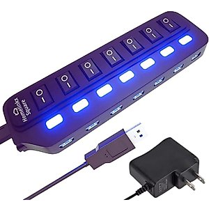 HOMELINKX SQUARE - USB HUB 3.0 Powered Splitter - External 7 Port High Speed Hub Splitter with 5V/2A Power Adapter Powered USB hub and Individual On/Off Switch for PC Laptop Desktop