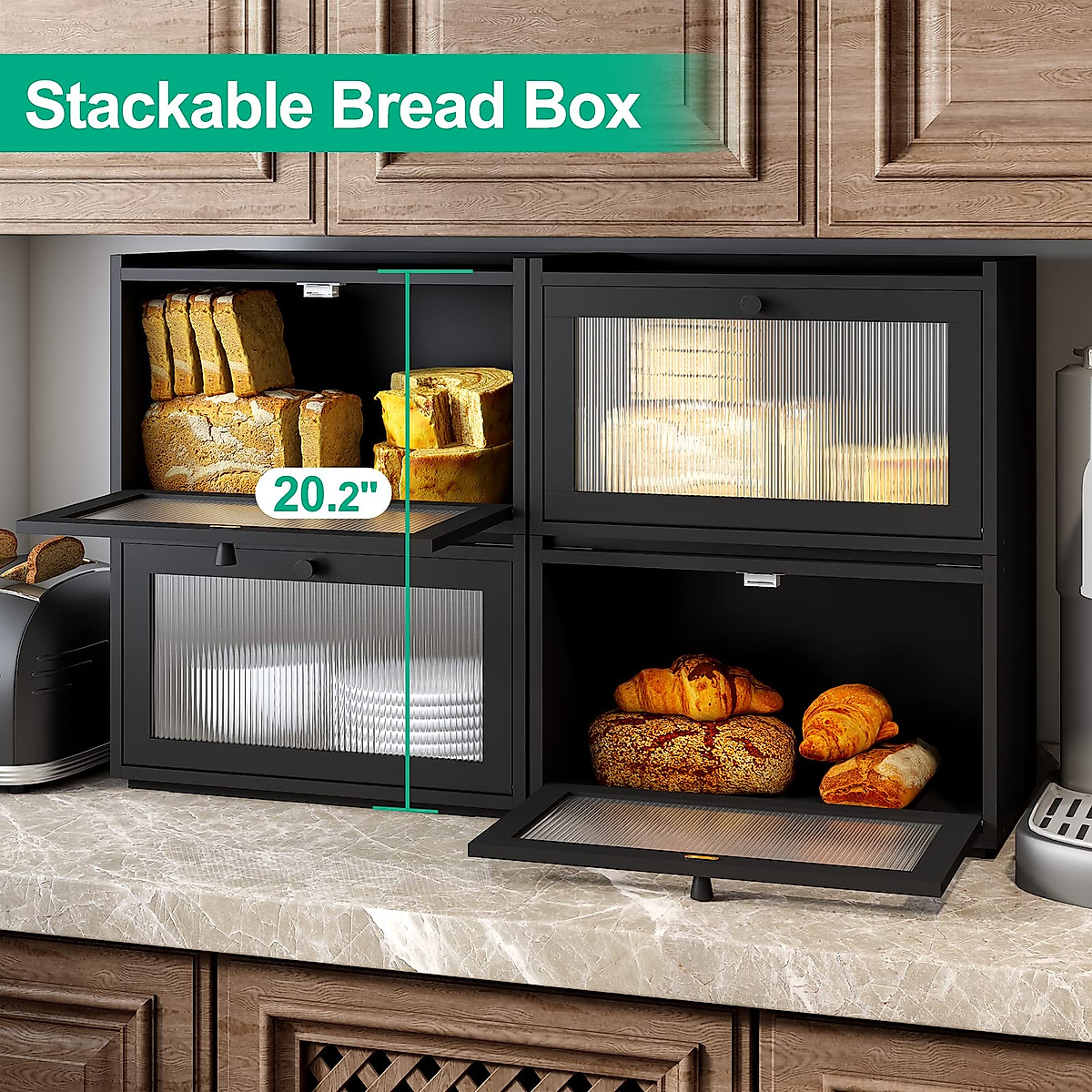 kiplant Large Bread Box for Kitchen Counter, Black Bamboo Bread Storage Container with Wavy Arcylic Transparent Door, Bamboo Wooden Farmhouse Bread Box for Your House