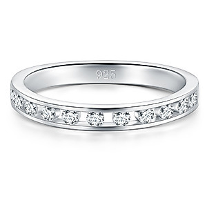 BORUO 925 Sterling Silver Cubic Zirconia Ring - Silver Eternity Band - Sterling Silver Rings For Women - Silver Wedding and Anniversary Band Women, 2mm Size 7